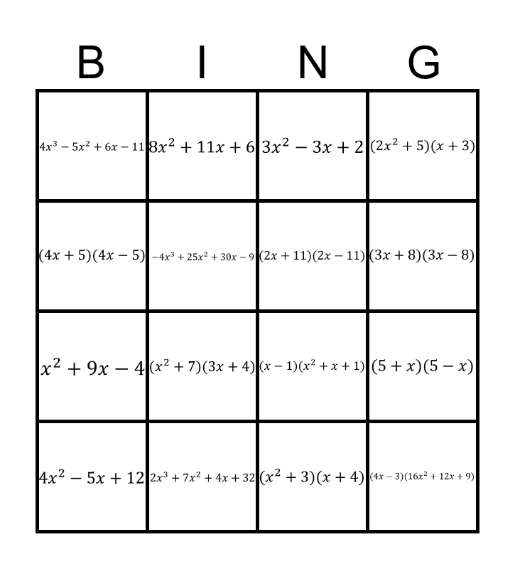 Operations on Expressions to Solve Equations Bingo Card