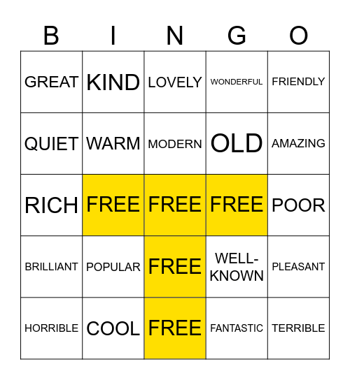 ADJECTIVES BINGO Card