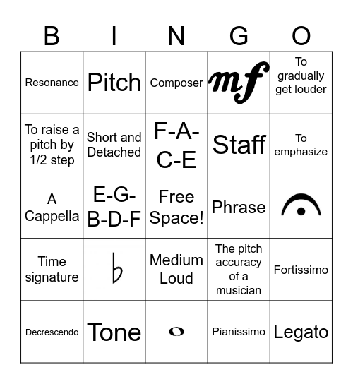 Beginning Choir Bingo Card