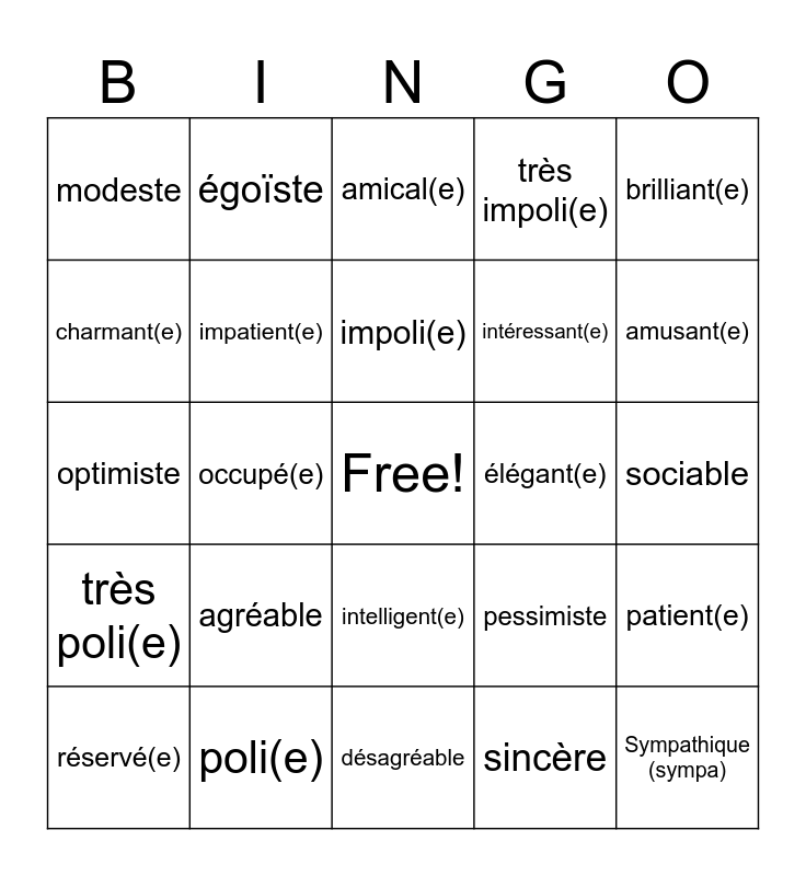 Adjectifs de personnalité Chemins 1U1b Bingo Card