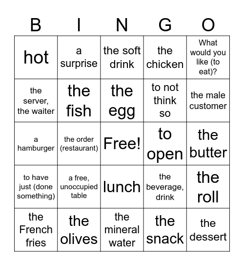 ¡Así se dice -1! Capítulo 4 - ¿Qué comemos y dónde? in English Bingo Card