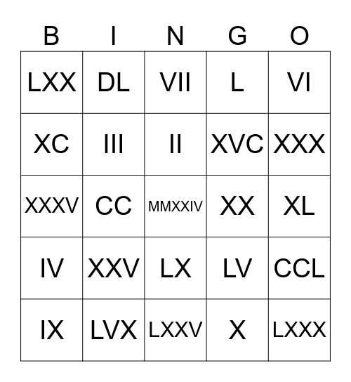 Roman Numerals Bingo Card
