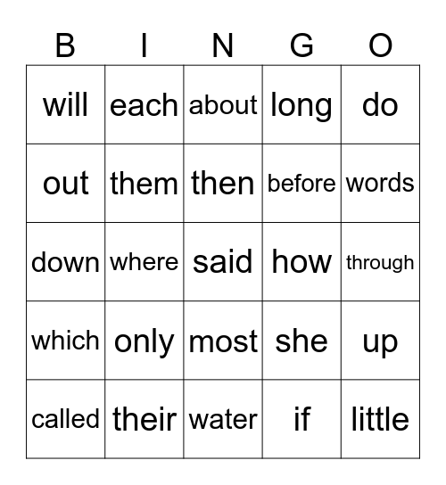 Power Words Bingo Card