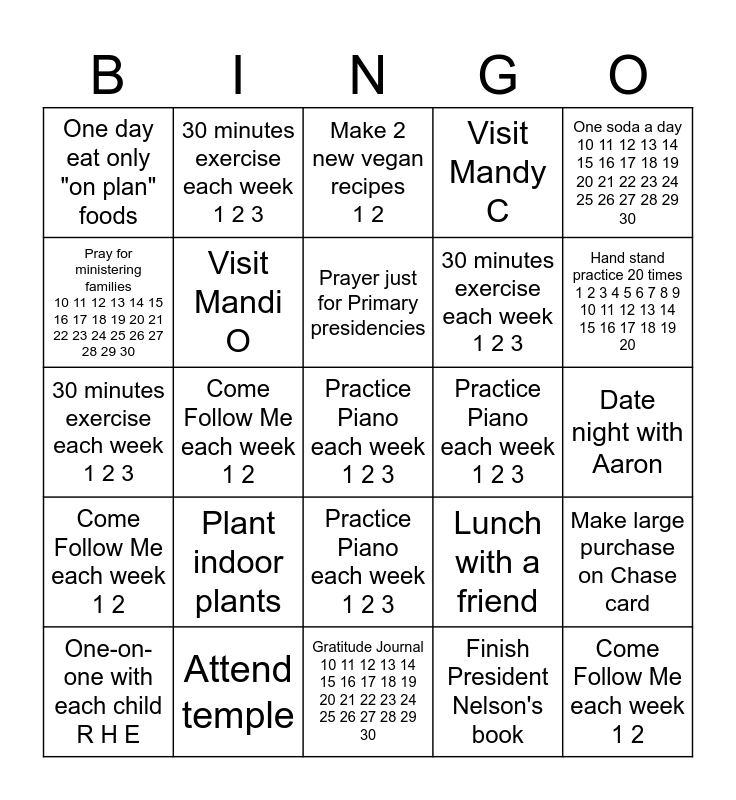 March Wellness Challenge 3/10-3/30 Bingo Card