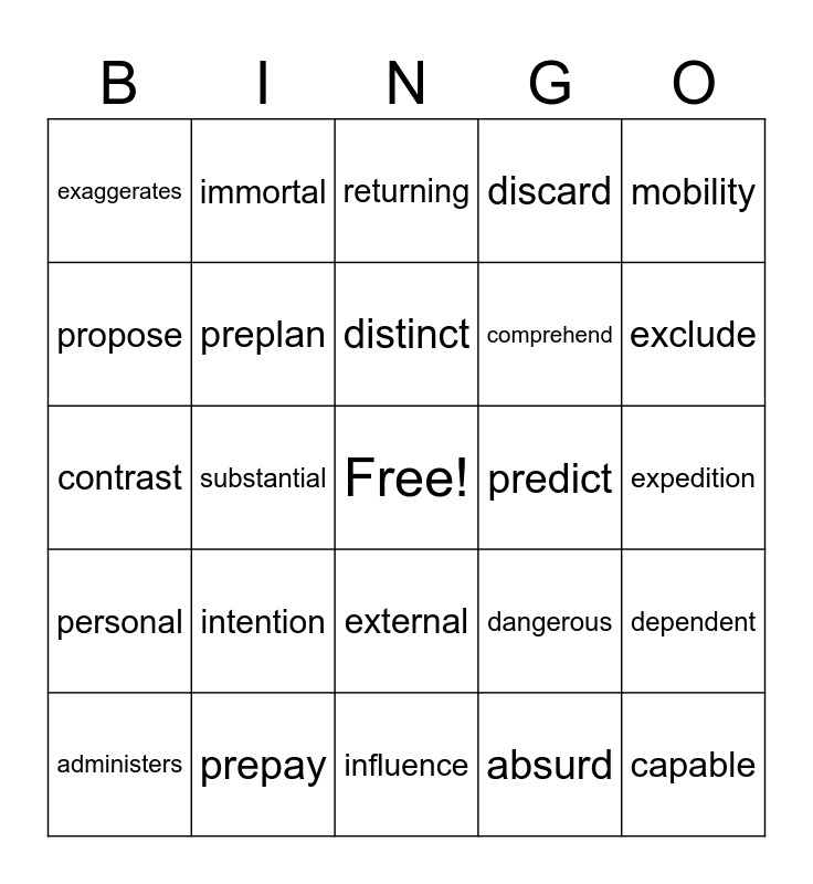 Rewards Words Bingo Card