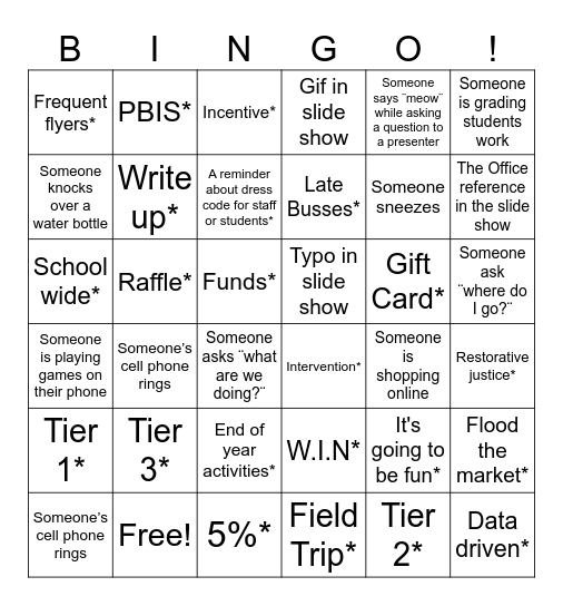 Staff Meeting Bingo Card