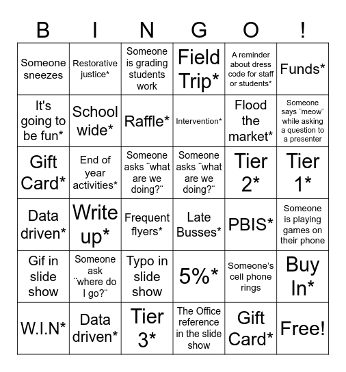 Staff Meeting Bingo Card