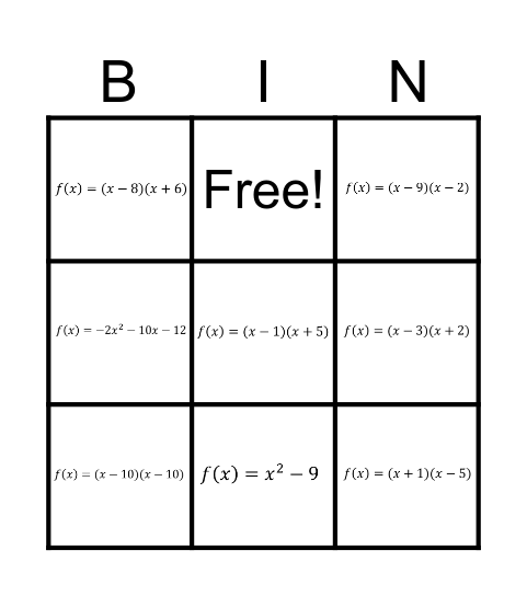 Quadratics Bingo Card