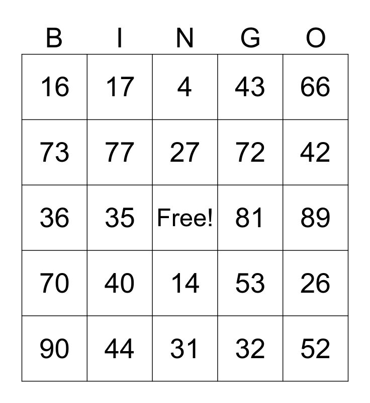 2-digit numbers Bingo Card