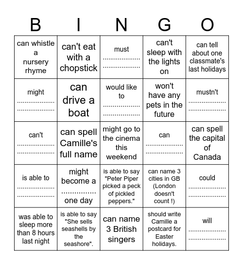 Modal verbs bingo Card