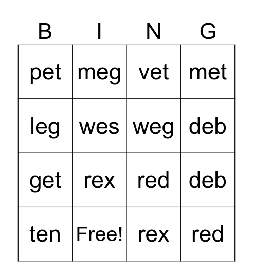 CVC : Short E Bingo Card