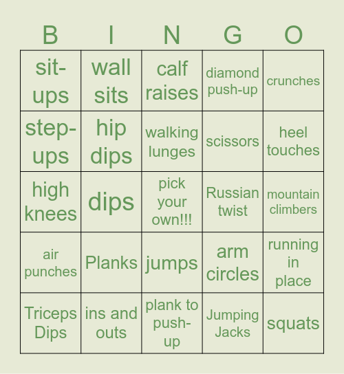 PE Bingo Card
