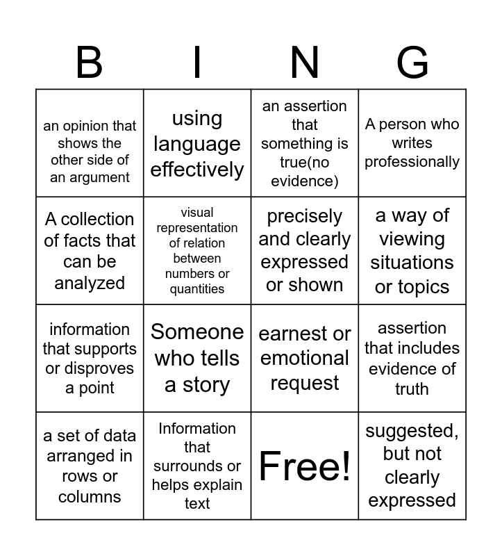 Academic Language Bingo Card