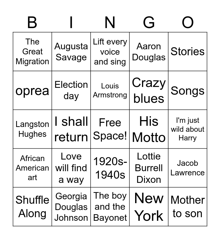 Harlem Renaissance Bingo Card
