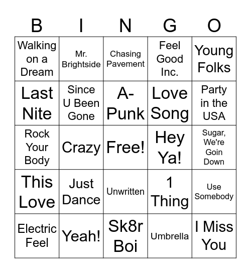 2000s Music Bingo Card