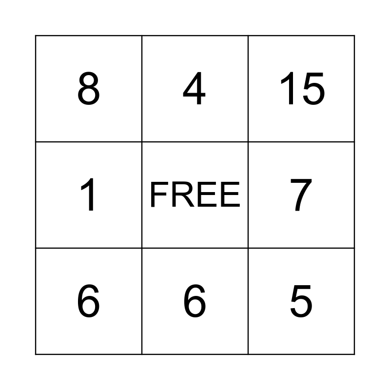 Numbers Bingo Card