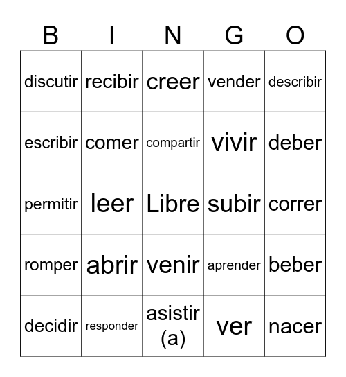 -er/-ir Verbs Bingo Card
