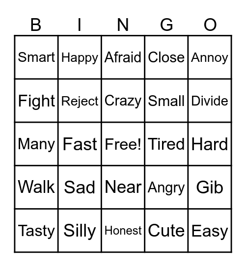 Synonyms Bingo Card Synonyms Bingo Card