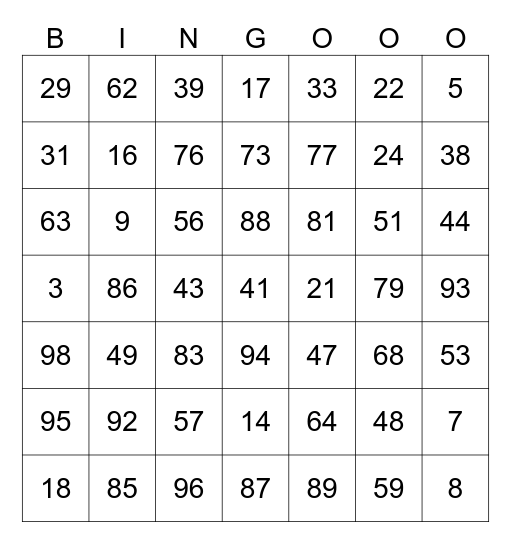 Numbers Bingo Card