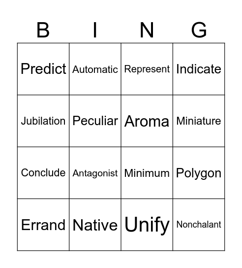 Vocab Words Bingo Card