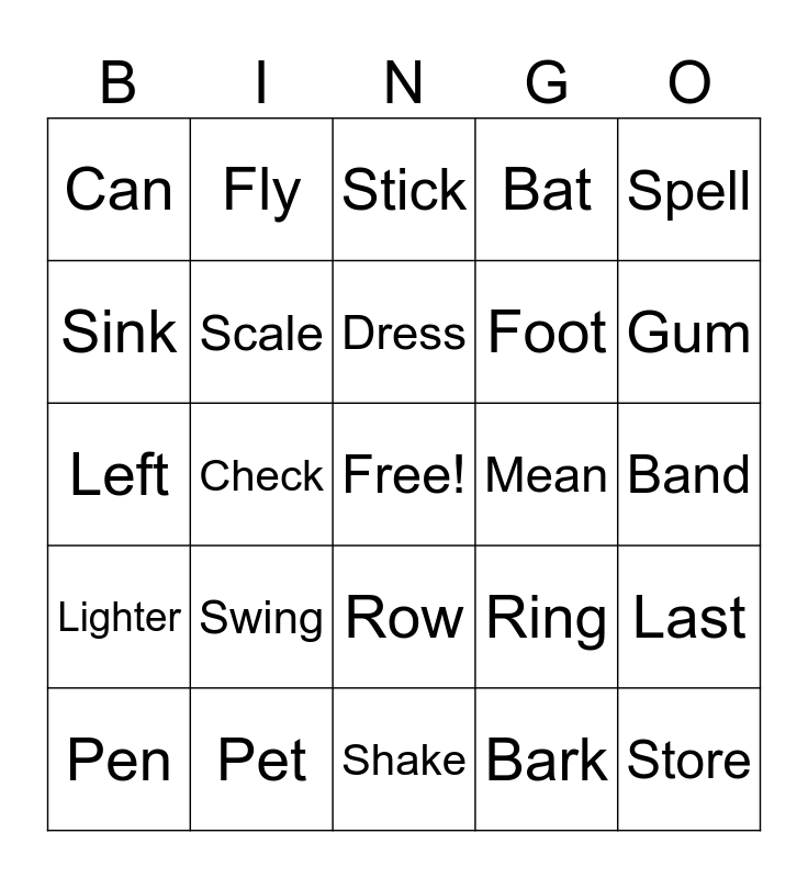 Multiple Meaning Words Review Bingo Card