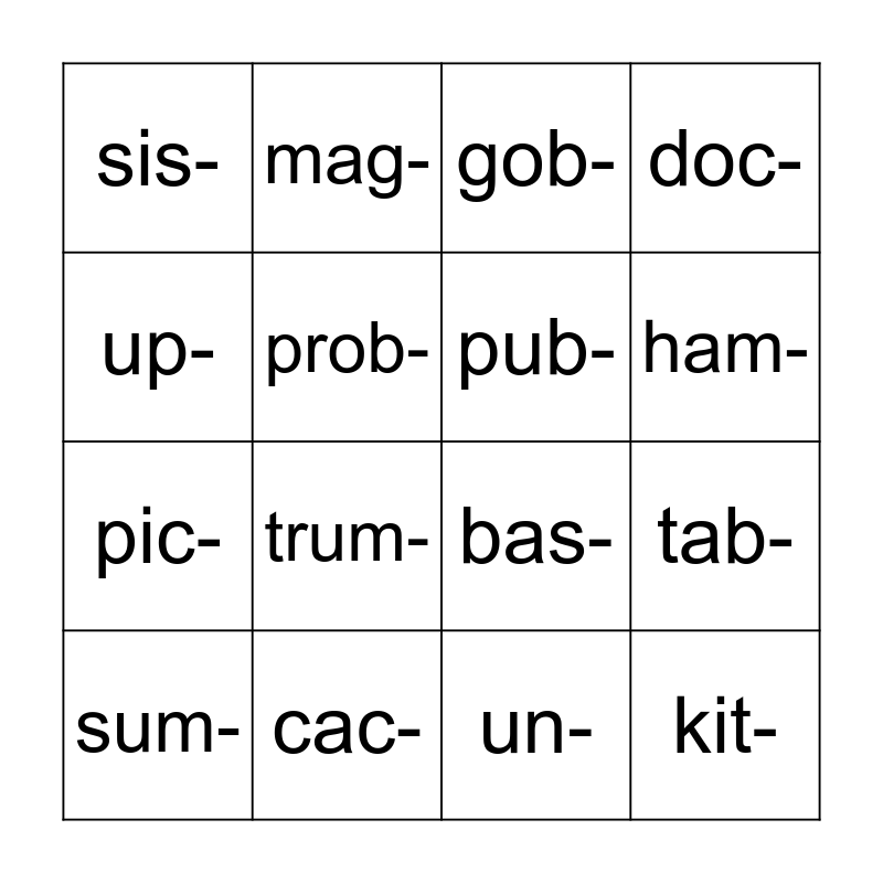1st Syllable Bingo Card