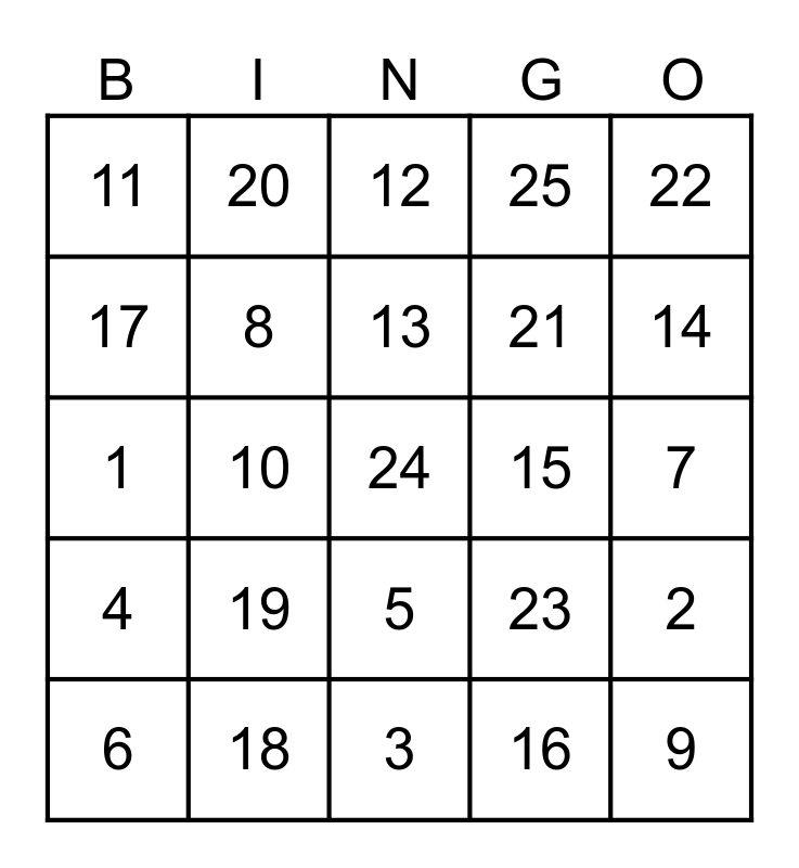 Numbers 1-25 Bingo Card