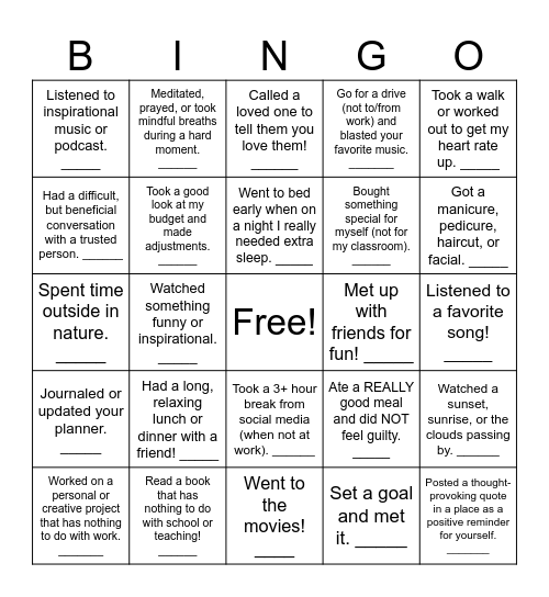 March Teacher Self-Care Bingo Card