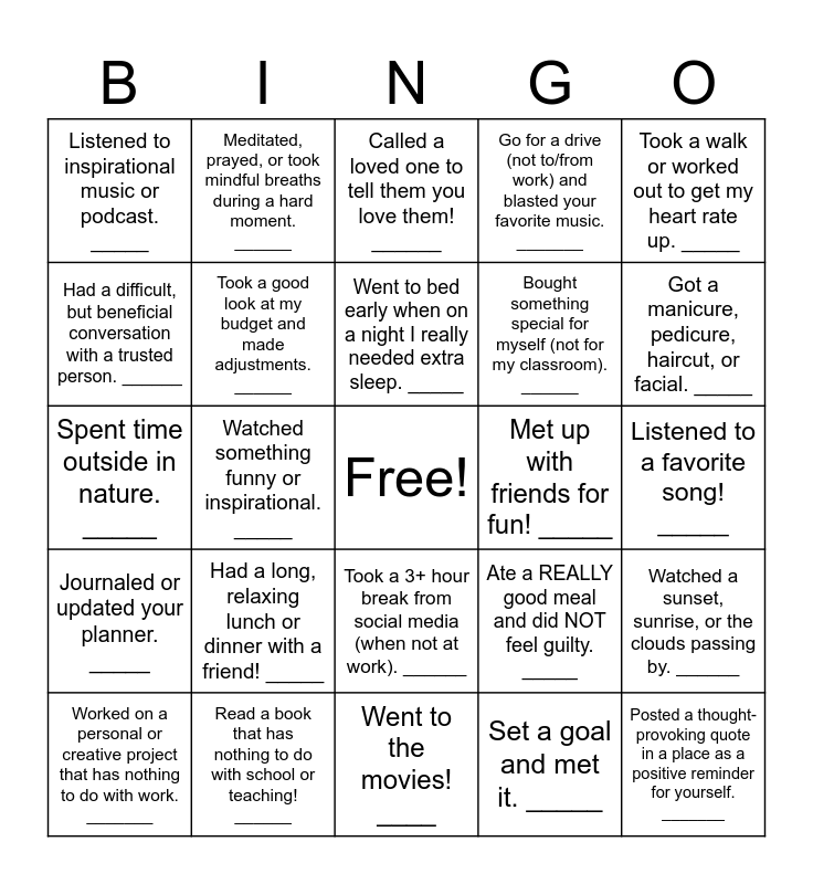 March Teacher Self-Care Bingo Card