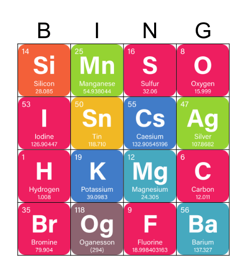 ELEMENTS Bingo Card