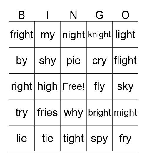 Words with ie, igh, y Bingo Card