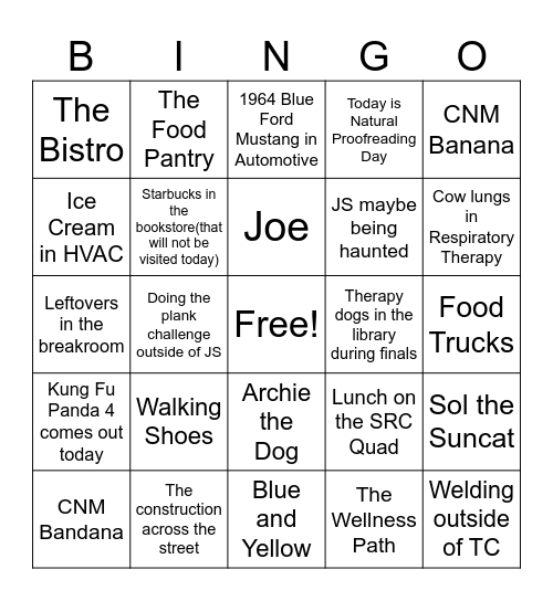 CNM College Day Volunteer Bingo Card