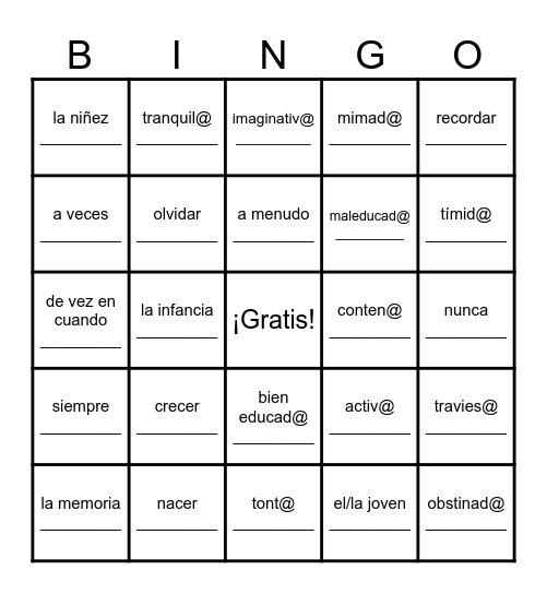 Vocabulario de la Niñez Bingo Card