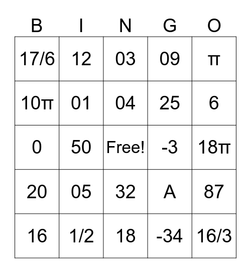 Math Bingo! Bingo Card