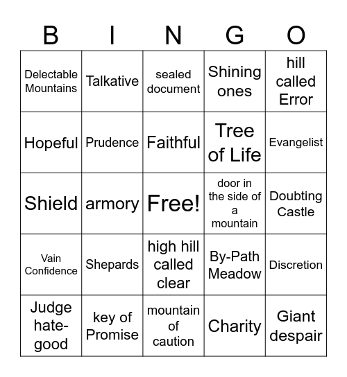 Pilgrim's Progress Bingo Card