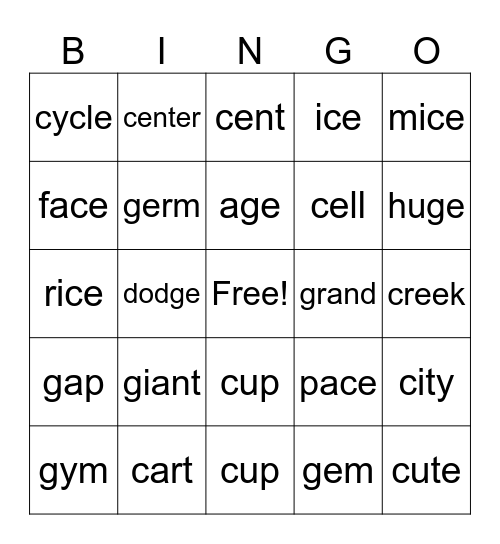 Soft and Hard C & G Bingo Card