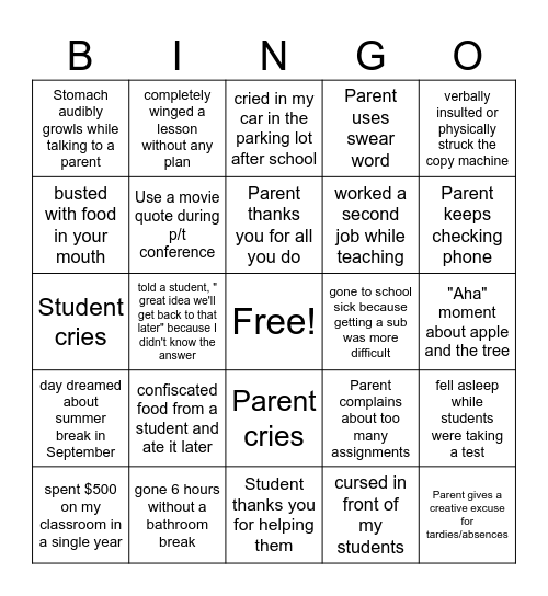 Teacher Bingo Card