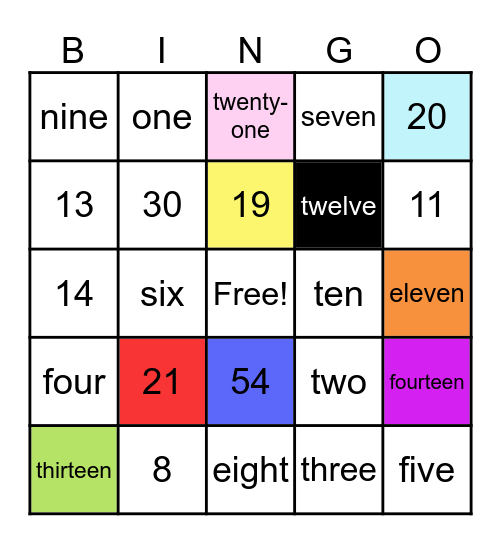 Numbers and Number Words Bingo Card