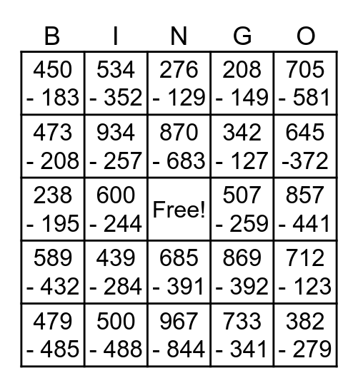 Three Digit Subtraction Bingo Card