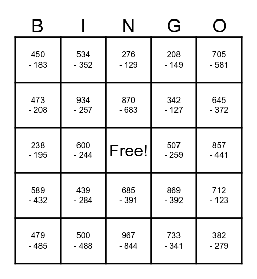 Three Digit Subtraction Bingo Card