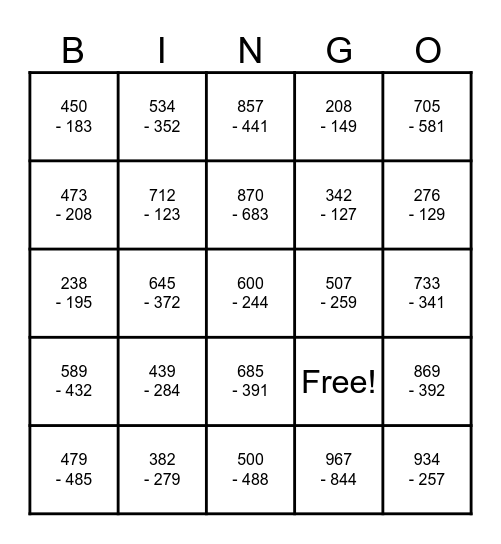 Three Digit Subtraction Bingo Card