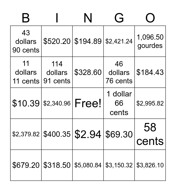 Math Bingo 3/8 Bingo Card