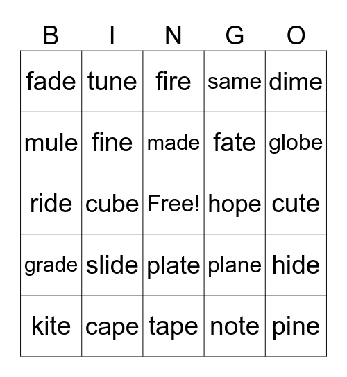 Silent e Bingo Card