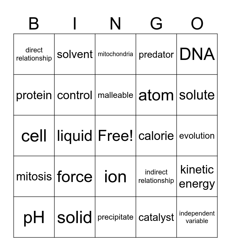 ACT Boot Camp: Science Terms Bingo Card