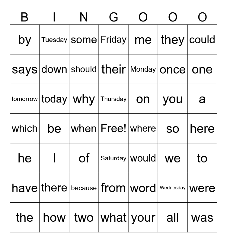 Tricky Word Bingo Card