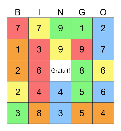 Les couleurs et nombres Bingo Card