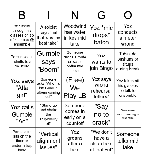 Recording Weekend BINGO Card