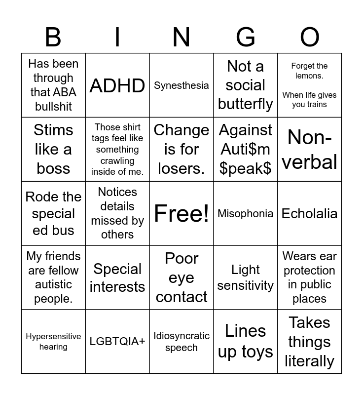 Autism Bingo Card