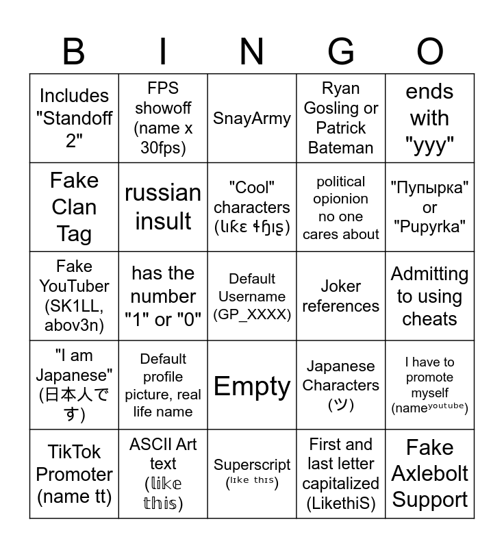 Standoff 2 Username Bingo Card