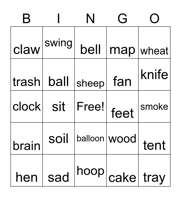 Word Family Bingo Card
